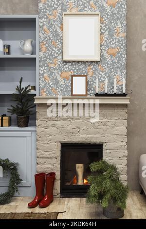 Stylish christmas living room interior with couch, white chimney ...