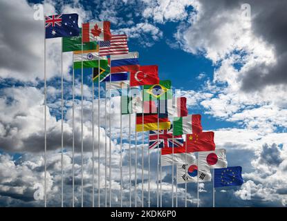 G20 summit or meeting concept. A string of G20 flags and a list of ...