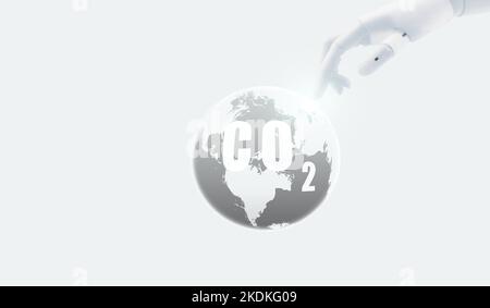 CO2 capture concept. Robot hand touch carbon dioxide on globe map ...