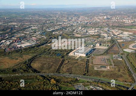 aerial view of junction 45 of the M1 motorway at Leeds, West Yorkshire ...