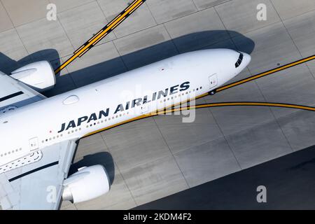 Aerial view of Japan Airlines Boeing 787 Dreamliner JA821J with taxiway ...