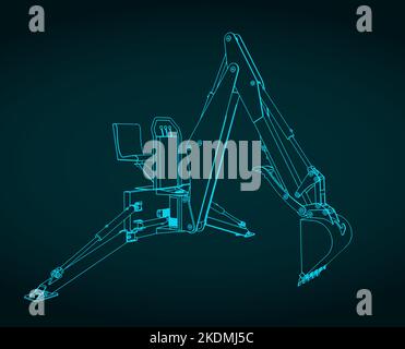Stylized vector illustration of blueprints of backhoe loader Stock ...