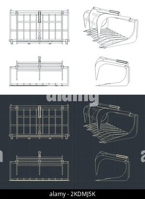 Stylized vector illustration of blueprints of rake for excavator Stock ...