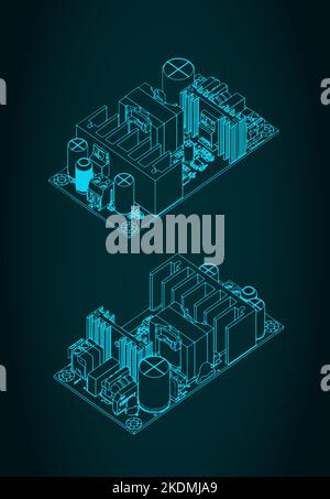 DC power supply isometric drawings stylized vector illustrations Stock ...