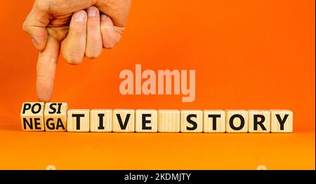 Positive or negative story symbol. Businessman turns cubes, changes ...