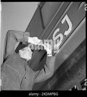 Installation of the state railways, SJ's emblem on a bus Stock Photo ...