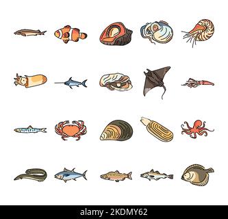 Fishes sketch vector isolated icons. Sea or ocean fish species of ...