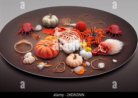 Horror food dish with anatomical human parts, pieces of brain, guts ...