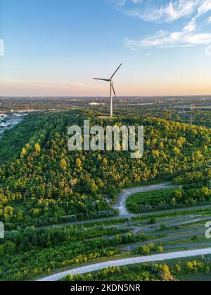 Wind turbines on a slag heap, steam clouds from a power station Stock ...