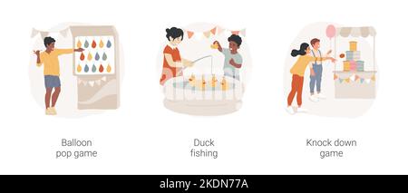 Knock down game isolated cartoon vector illustration. Cans tower, child ...