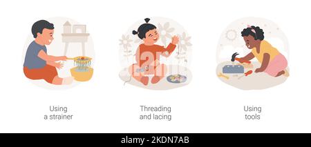 Using a strainer isolated cartoon vector illustration. Toddler using a ...