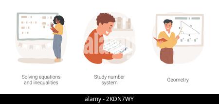 Solving equations and inequalities isolated cartoon vector illustration ...