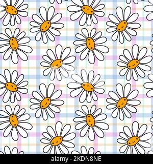 Cartoon floral face seamless kawaii flower daisy and stripes ribbons ...