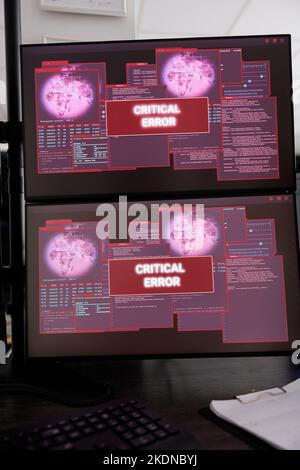 Multiple monitors showing critical error message after cyber crime attack and hacking alert ...