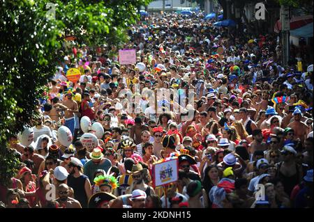 Crowd of people partying at street brazilian carnival parade. Overview ...