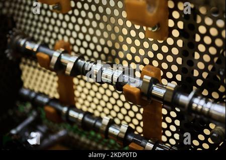 Camshaft of gas distribution mechanism of car engine closeup Stock ...