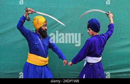 Nihangs or Sikh warriors pose for a photo while holding swords ahead of ...