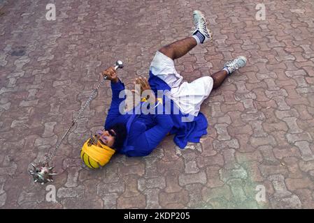 Nihang or Sikh warrior performs Gatka (a form of martial art) using a ...
