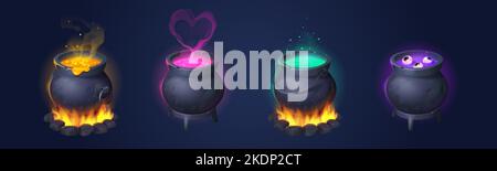 Vintage witch cauldrons, isolated set. Different magic smoking pots ...