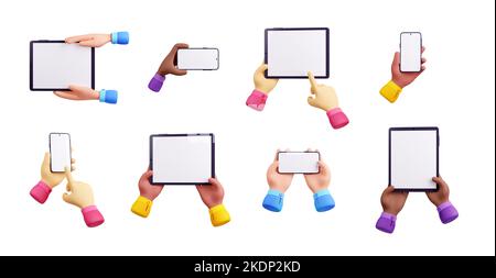 3D Hands using tablet mockup icon. Cartoon hand holding tablet isolated ...