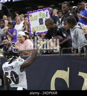 Baltimore Ravens linebacker Justin Houston (50) reacts after a sack ...