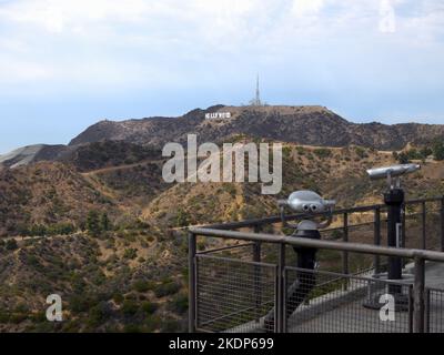 Binoculars pointing at the Hollywood sign from a viewpoint in Griffith ...
