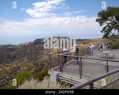 Binoculars pointing at the Hollywood sign from a viewpoint in Griffith ...