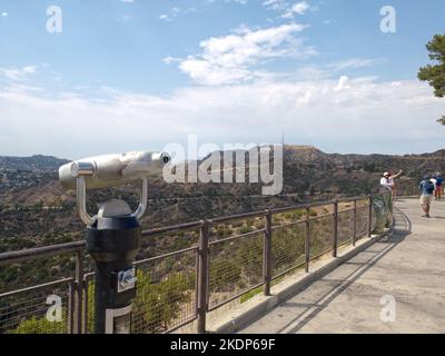 Binoculars pointing at the Hollywood sign from a viewpoint in Griffith ...