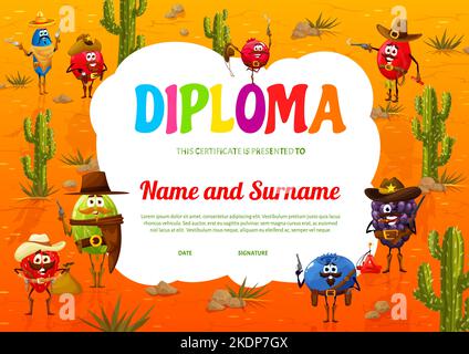 Kids diploma cartoon wild west cowboy, bandit and ranger nut characters ...