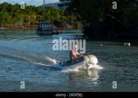 Boats moored at Dickson inlet in Port Douglas, Queensland, Australia ...