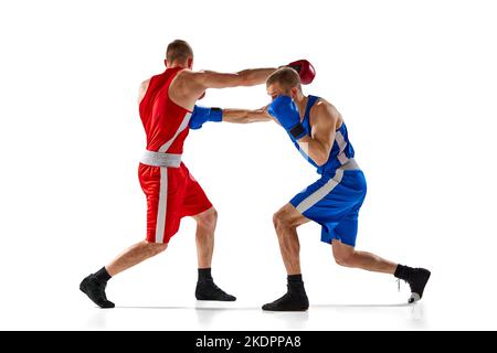 Dynamic portrait of two professional boxer in sports uniform boxing ...