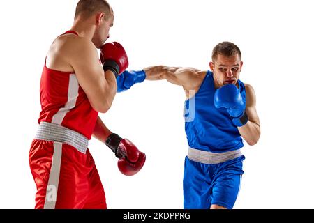 Fight. Dynamic portrait of two professional boxer in sports uniform ...