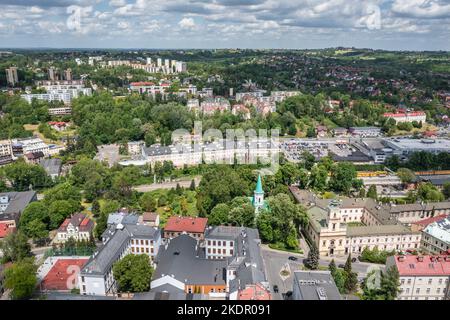 Aerial view of Cieszyn border city in Poland and Cesky Tesin city in ...