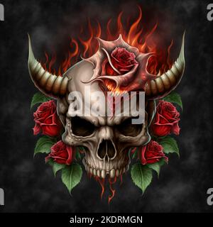 The demon skull with flame and roses Stock Photo - Alamy