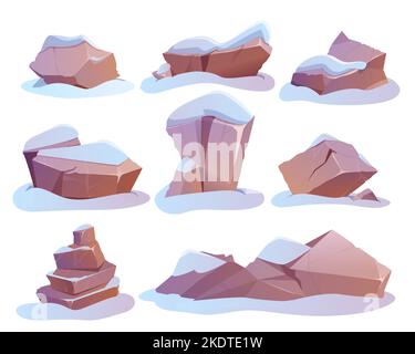 Stone and rock in snow. Snowy mountains in cartoon, heap of boulders in ...