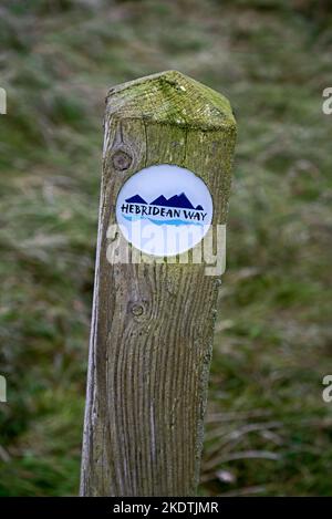 Hebridean Way trail marker at Rueval on Benbecula, Outer Hebrides ...
