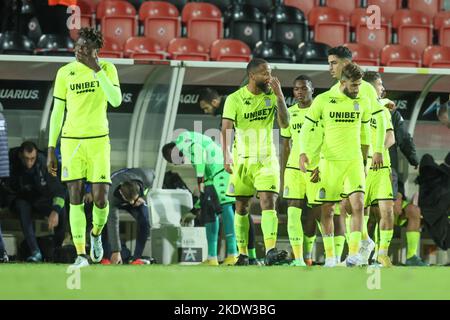 Charleroi's players look dejected during a soccer match between ...