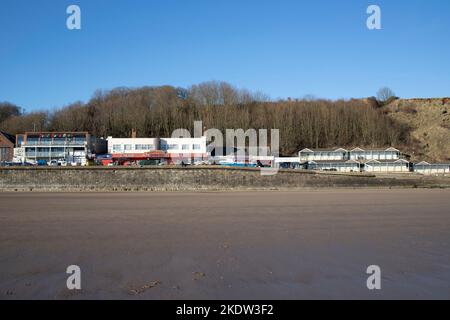 Filey beach and seafront at low tide as viewed from Filey Brigg. Filey ...