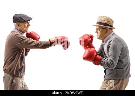 Two naked senior men fighting, isolated on white background Stock Photo ...