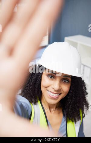 Architecture, engineering and black woman selfie portrait construction site, industrial building ...