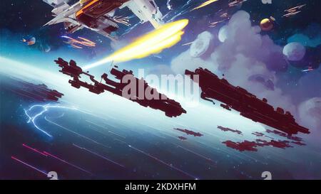 Space battle, spaceships are fighting, shooting from laser guns ...