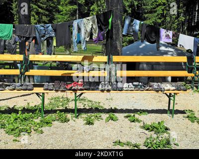 Austria, still life with various hiking and outdoor equipment after ...