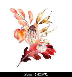 Bright fall composition with dried plants watercolor illustration ...