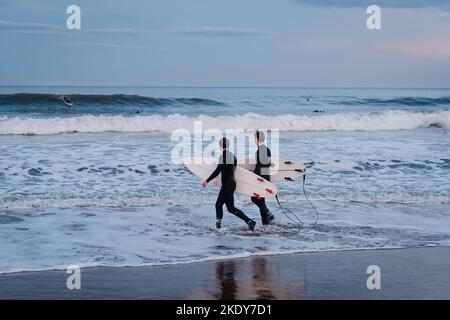 A surfer in the sea at Tynemouth Longsands on the North East coast of ...