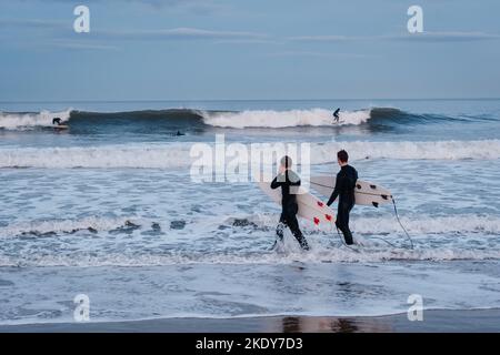 A surfer in the sea at Tynemouth Longsands on the North East coast of ...