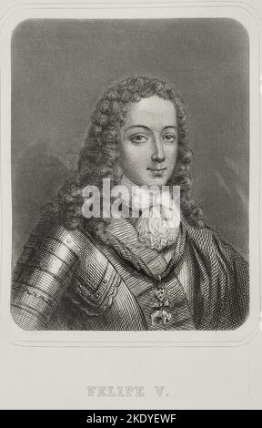Philip V (1683-1746). King of Spain. Portrait. Illustration by Salcedo. Lithography. Cronica ...
