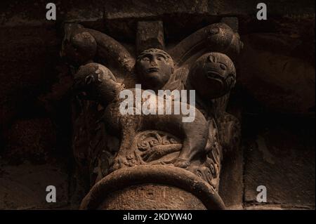 Grotesque round human faces above a standing lion with replaced head ...