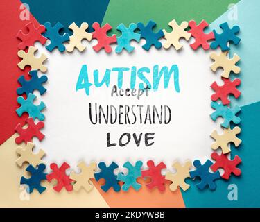 Text World Autism Awareness Month, frame with puzzle pieces. Banner ...