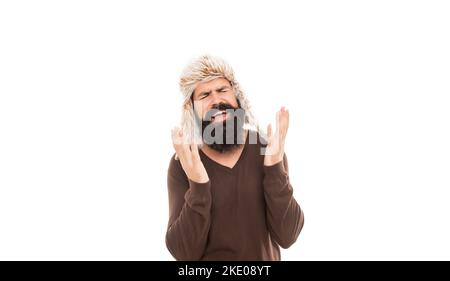 mature man with beard in earflap hat. beard hair care. hipster isolated ...