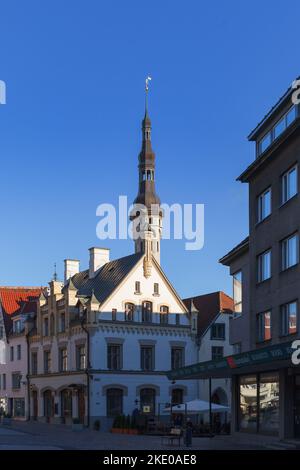 TALLINN, ESTONIA - OCTOBER, 11, 2021: Townhall tower. Streets of old ...